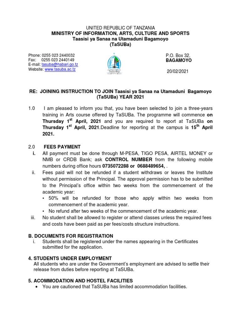 Joining Instruction 2021 | PDF | Fee | Tuition Payments