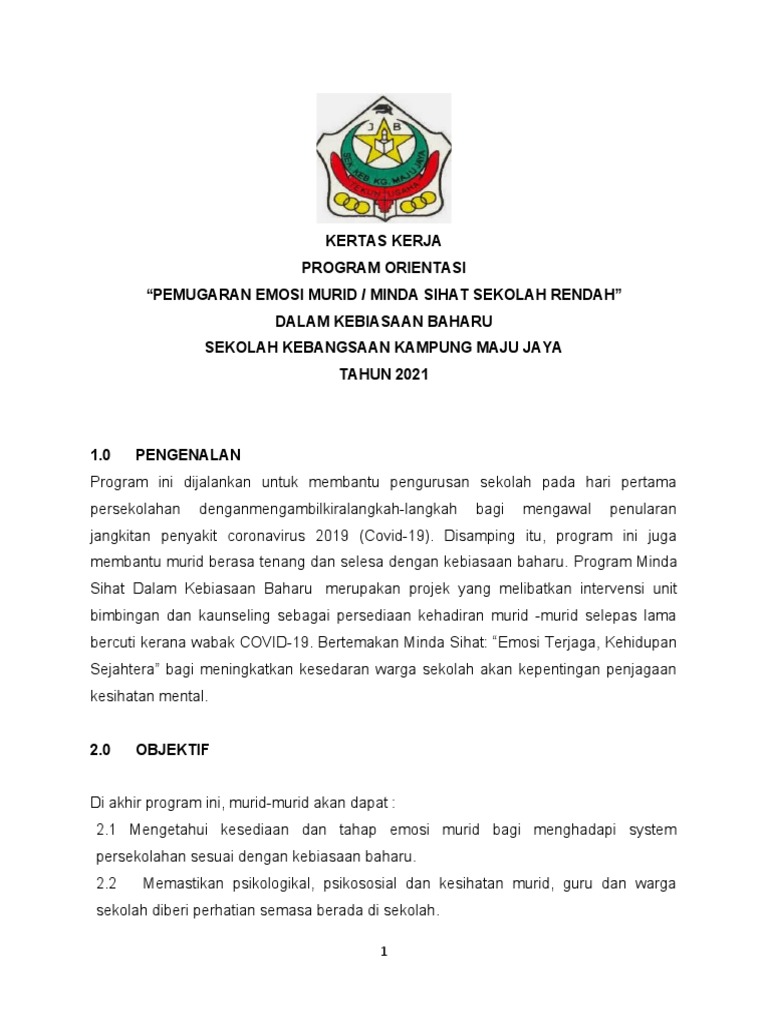 Kertas Kerja Program Minda Sihat SK KG Maju Jaya CJ 2021 | PDF