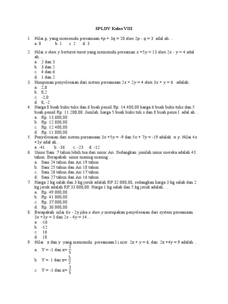 Latihan Soal SPLDV | PDF