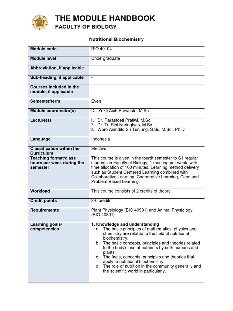 The Module Handbook - Nutritional Biochemistry | PDF | Diet & Nutrition ...