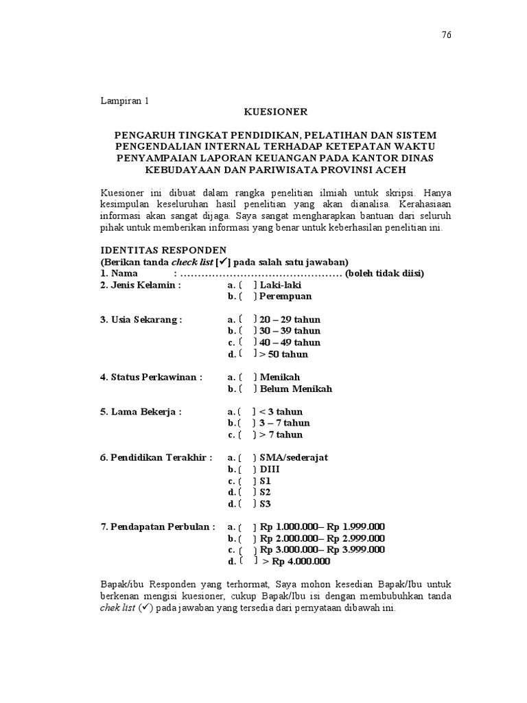 Lampiran 1 Kuesioner | PDF | Karier & Perkembangan