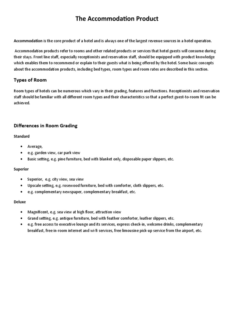 Hotel Accommodation Products Overview | PDF | Hotel | Room