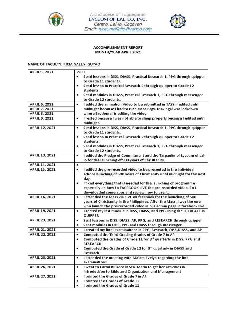 Centro, Lal-Lo, Cagayan Email:: Accomplishment Report Month/Year April ...
