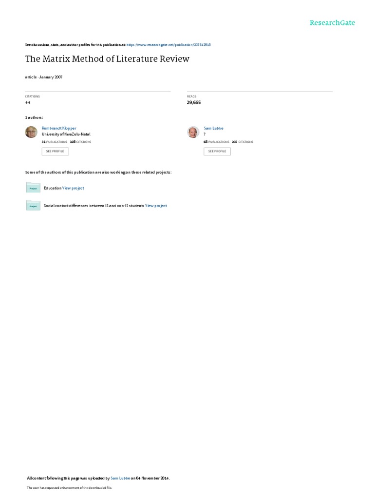 The Matrix Method of Literature Review: January 2007 | PDF | Matrix ...