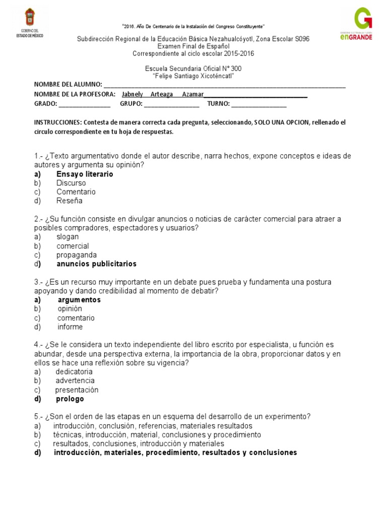 Examen Final de Español 2016 | PDF | Prueba (evaluación)