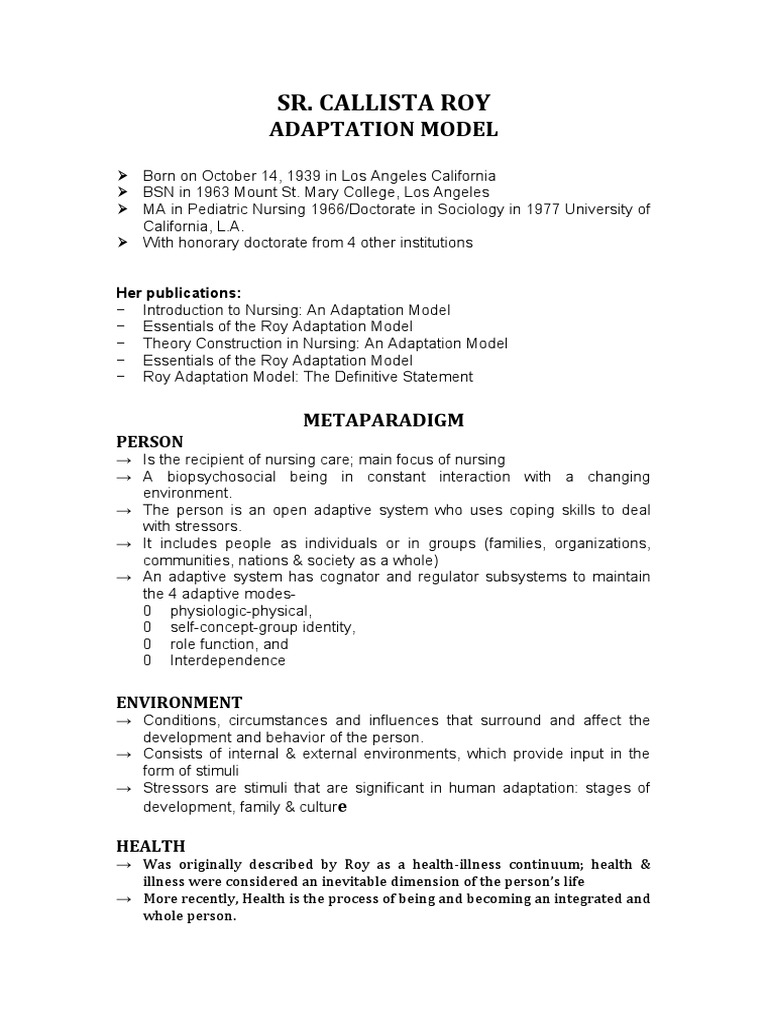 Sr. Callista Roy: Adaptation Model | PDF | Self | System