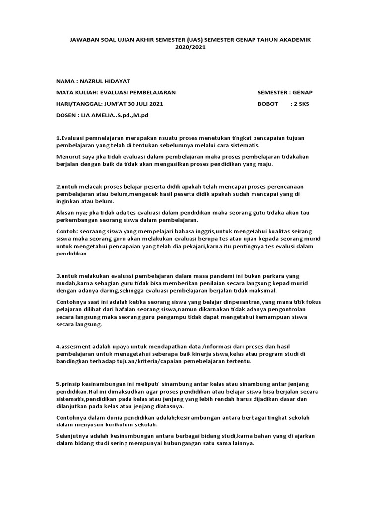 Jawaban Soal Uas Evaluasi Pembelajaran | PDF