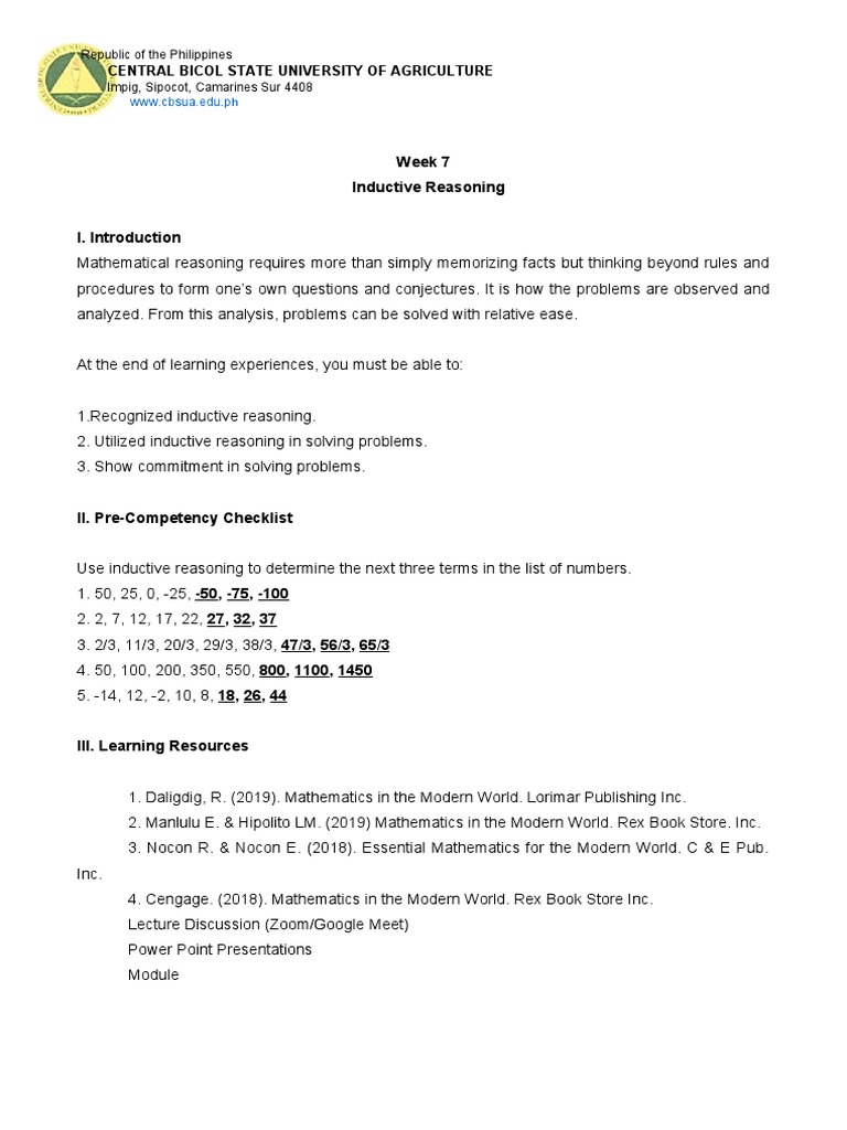 Week 7 Inductive Reasoning: Central Bicol State University of ...