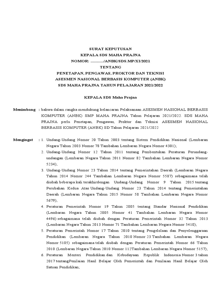 Surat Keputusan Anbk-Pengawas, Proktor, Teknisi-Sds MP | PDF