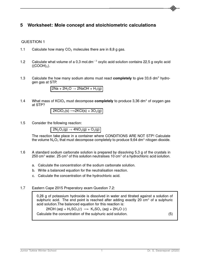 5 Worksheet: Mole Concept and Stoichiometric Calculations: Junior ...