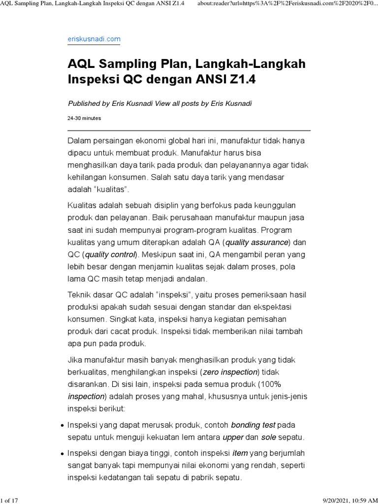 AQL Sampling Plan, Langkah-Langkah Inspeksi QC Dengan ANSI Z1 | PDF ...