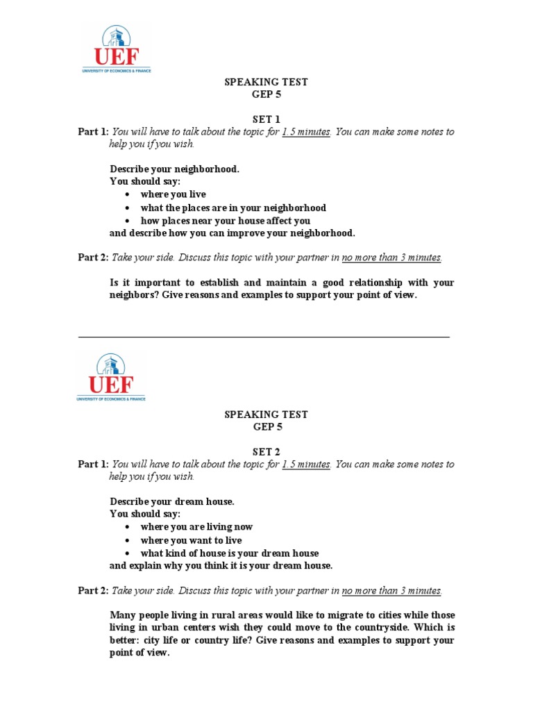 GEP 5 Speaking Test - Test Sets Updated | PDF | Cognition | Communication