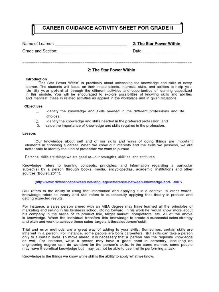 Career Guidance Activity Sheet For Grade Ii | PDF | Learning | Knowledge