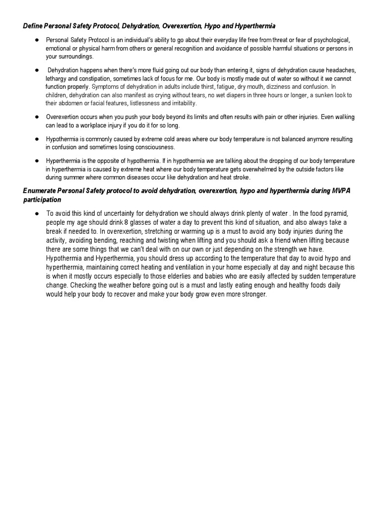 Personal Safety Protocol | PDF | Hyperthermia | Dehydration