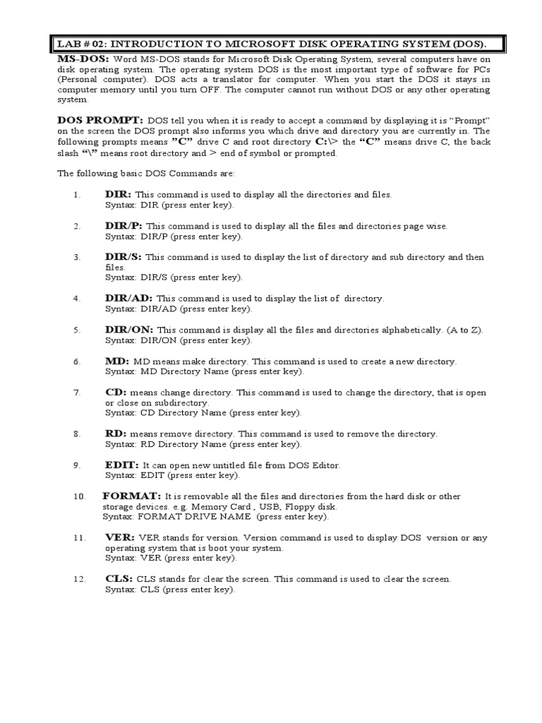 Ms Dos Lab 02 Introduction To Microsoft Disk Operating System Dos Pdf Command Line