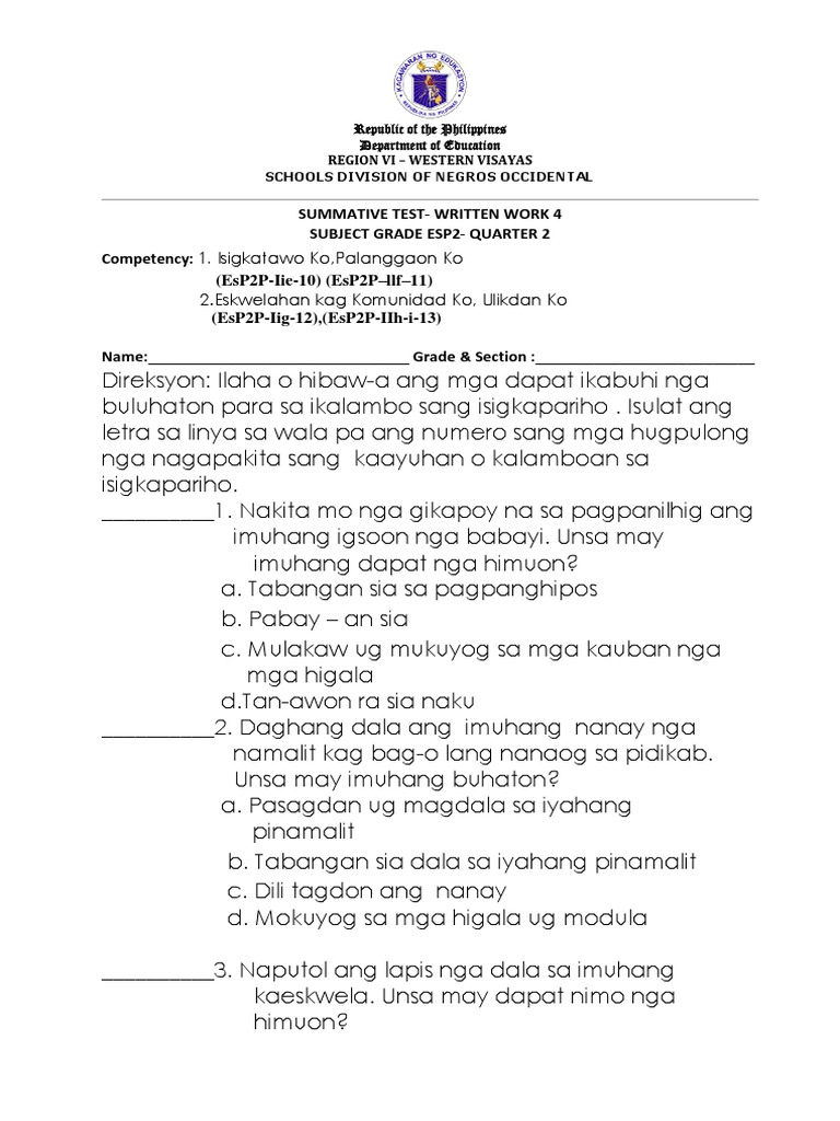 Summative-Test-Template ESP2 QUARTER 2 SUMMATIVE#4 HERRERA, EVA | PDF