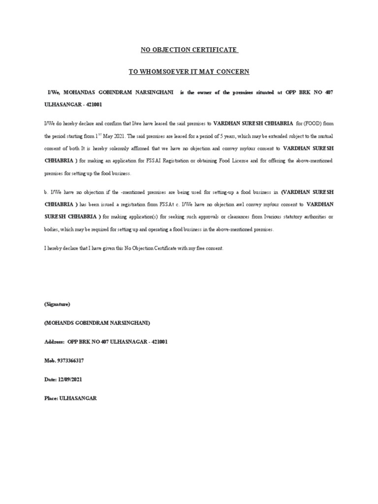 NOC for FSSAI Registration Approval | PDF | Law