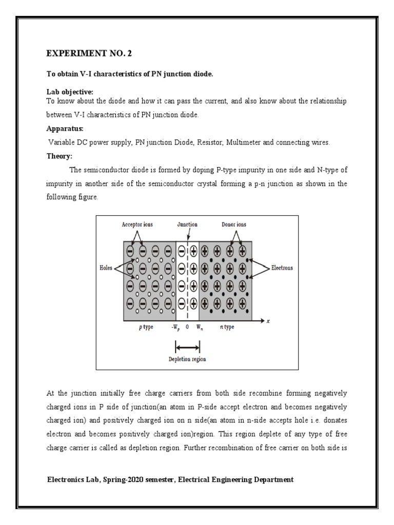 Experiment No. 2: To Obtain V-I Characteristics of PN Junction Diode. Lab Objective | PDF | P–N ...