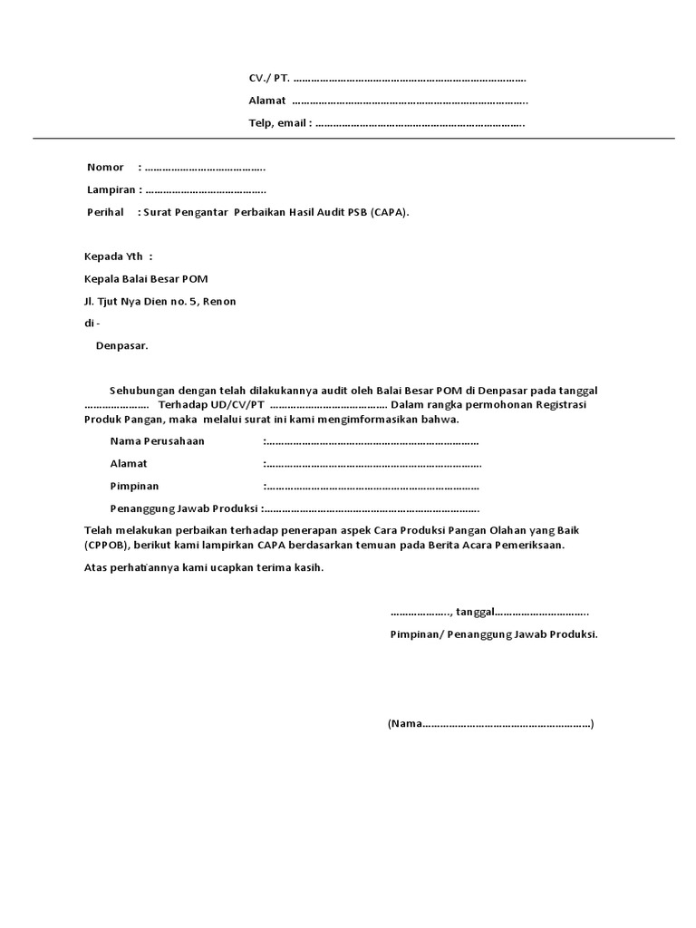 Surat Pengantar CAPA . | PDF