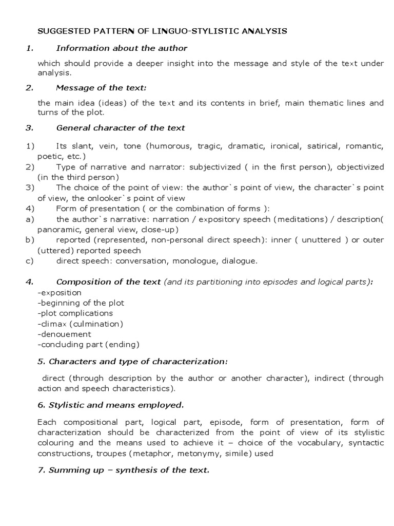 Suggested Pattern of Linguo-Stylistic Analysis | PDF | Narration | Poetry