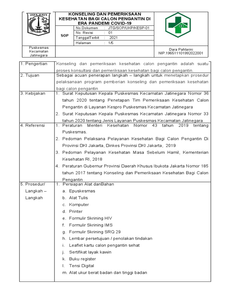 SOP Kesp - 001 Konseling Dan Pemeriksaan Kesehatan Calon Pengantin | PDF