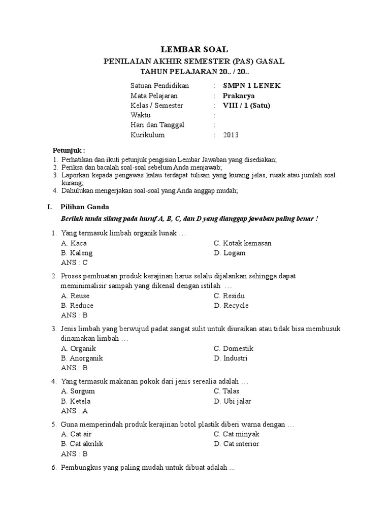 Soal Prakarya Kelas 8 0.1 | PDF