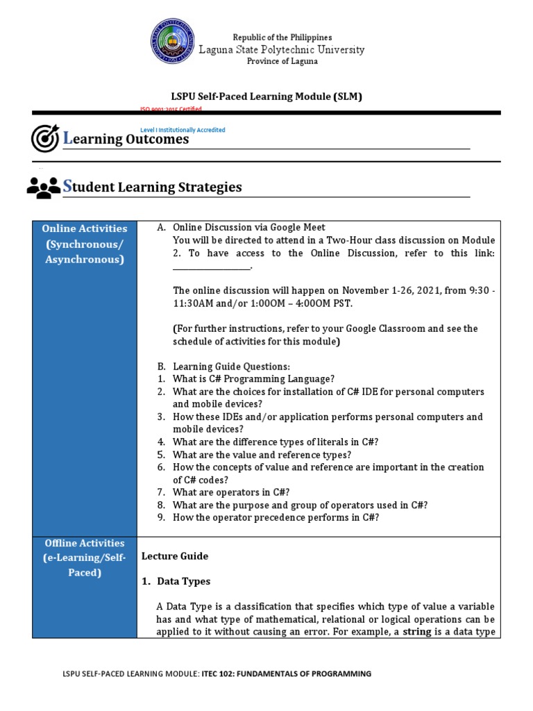 LSPU Self-Paced Learning Module on Fundamentals of Programming: Introduction to C# Data Types ...