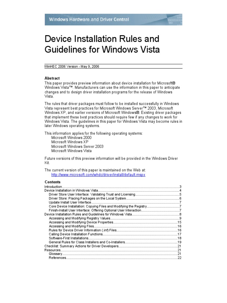 Device Installation Rules and Guidelines For Windows Vista | PDF ...