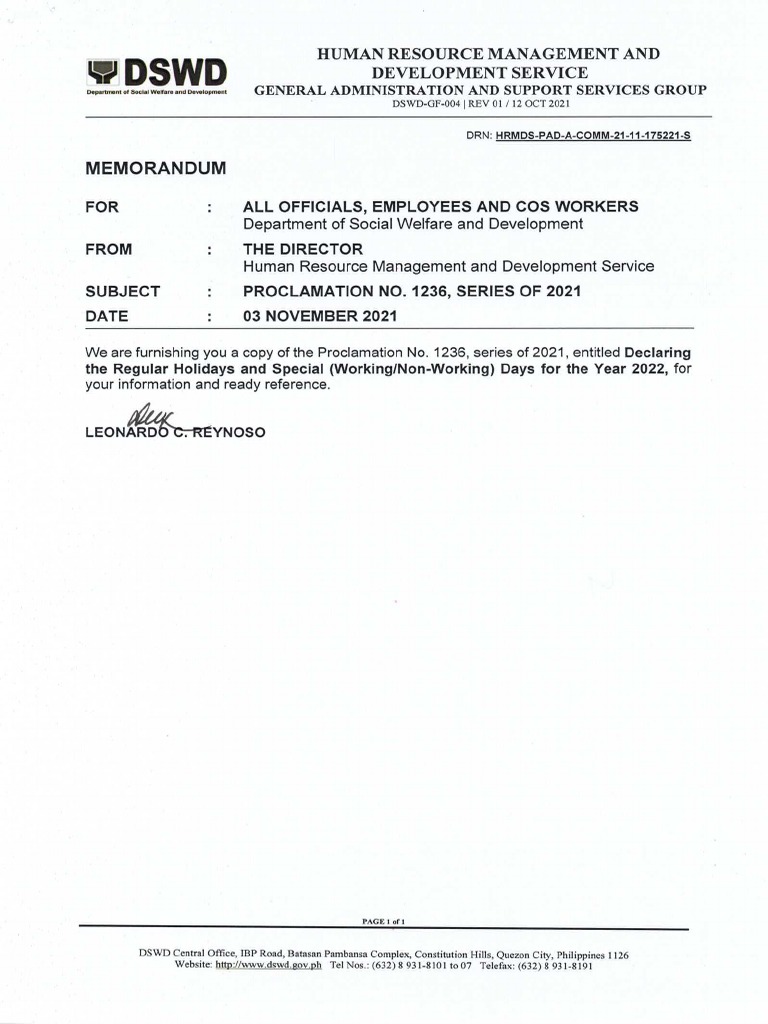 Memorandum Re Proclamation No. 1236, Series of 2021 | PDF