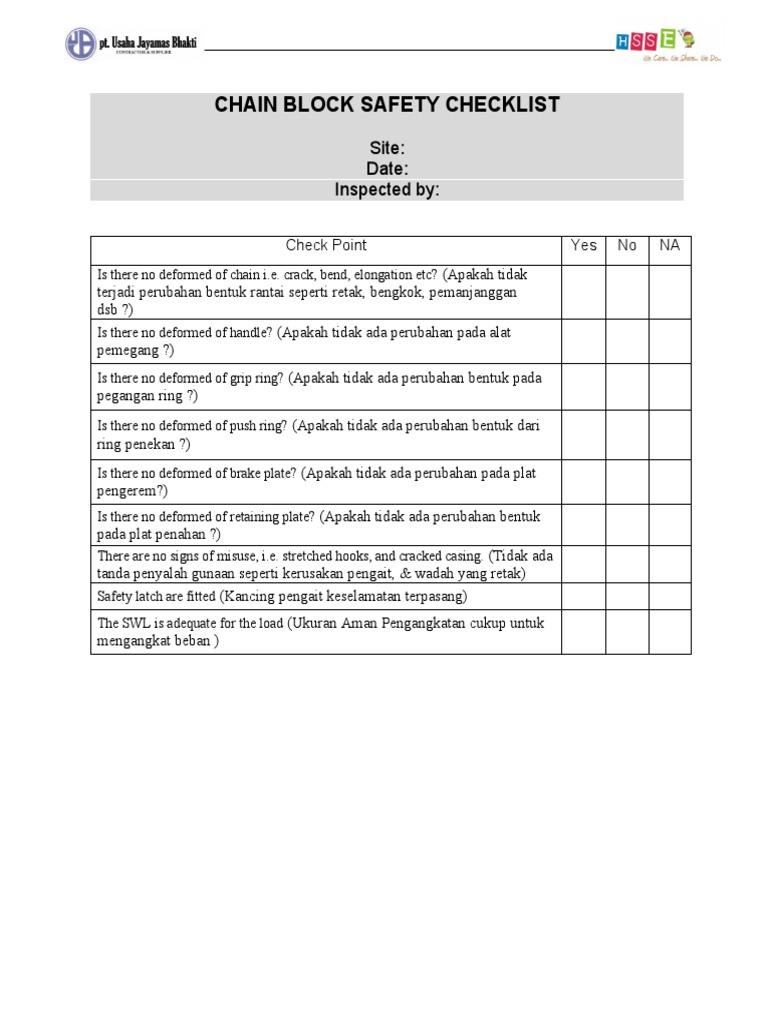 Chain Block Safety Checklist | PDF