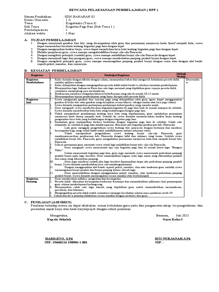 RPP Daring Kelas 1 Tema 3 ST 1 | PDF