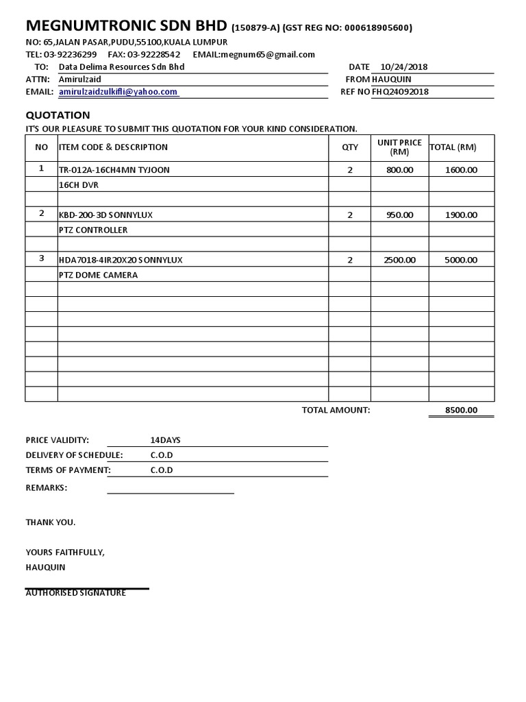 Megnumtronic SDN BHD: Quotation | PDF