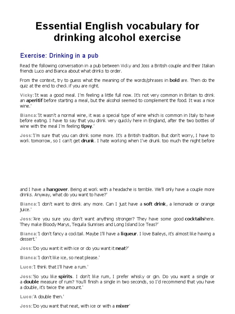 Essential English Vocabulary For Drinking Alcohol Exercise | PDF ...