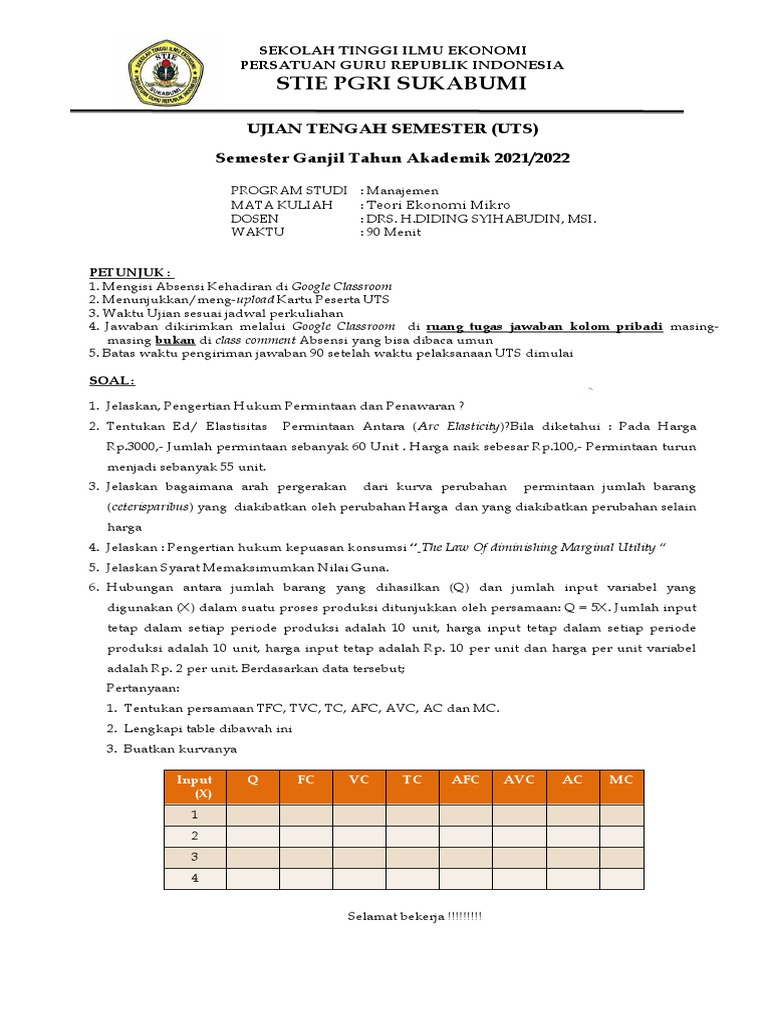 Soal UTS Ek - Mikro Dan JAWABANNYA | PDF