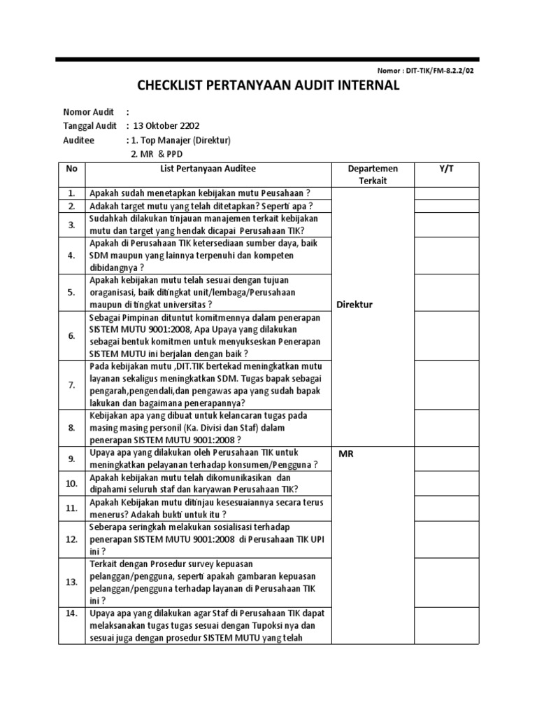 Check List Audit Internal | PDF | Bisnis