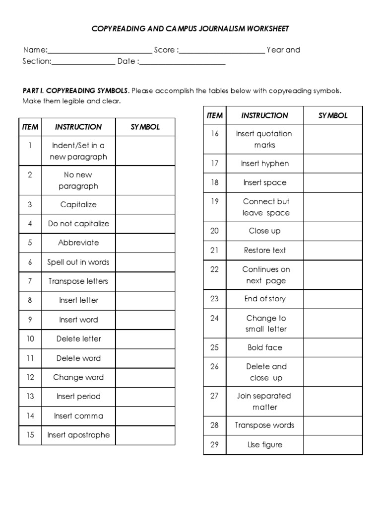Copyreading and Campus Journalism Worksheet PDF | PDF | Paragraph | Verb