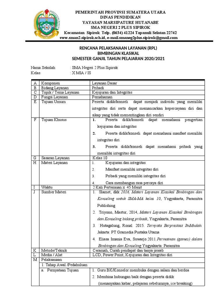 Rencana Pelaksanaan Layanan Bimbingan Klasikal | PDF