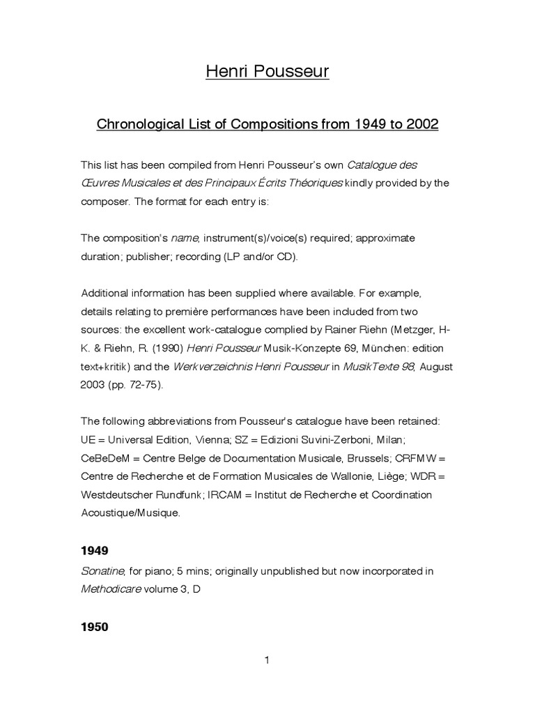 Henri Pousseur: Chronological List of Compositions From 1949 To 2002 ...