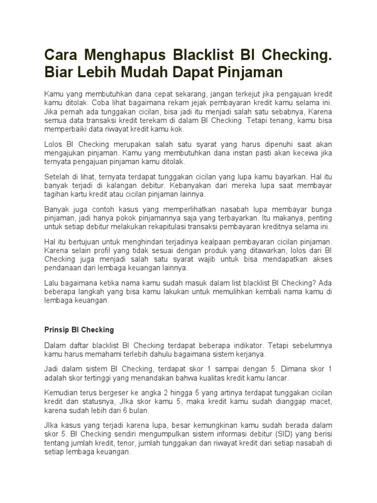 Cara Menghapus Blacklist BI Checking. Biar Lebih Mudah Dapat Pinjaman | PDF