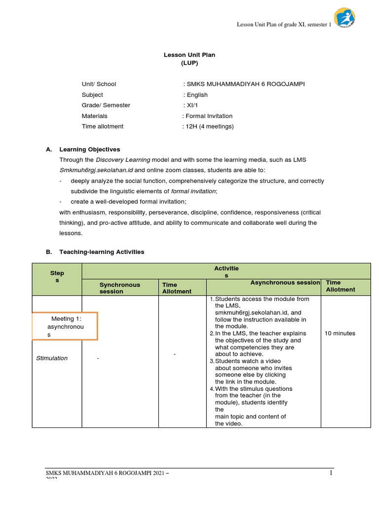 Lesson Unit Plan of grade XI analyzes formal invitation | PDF ...
