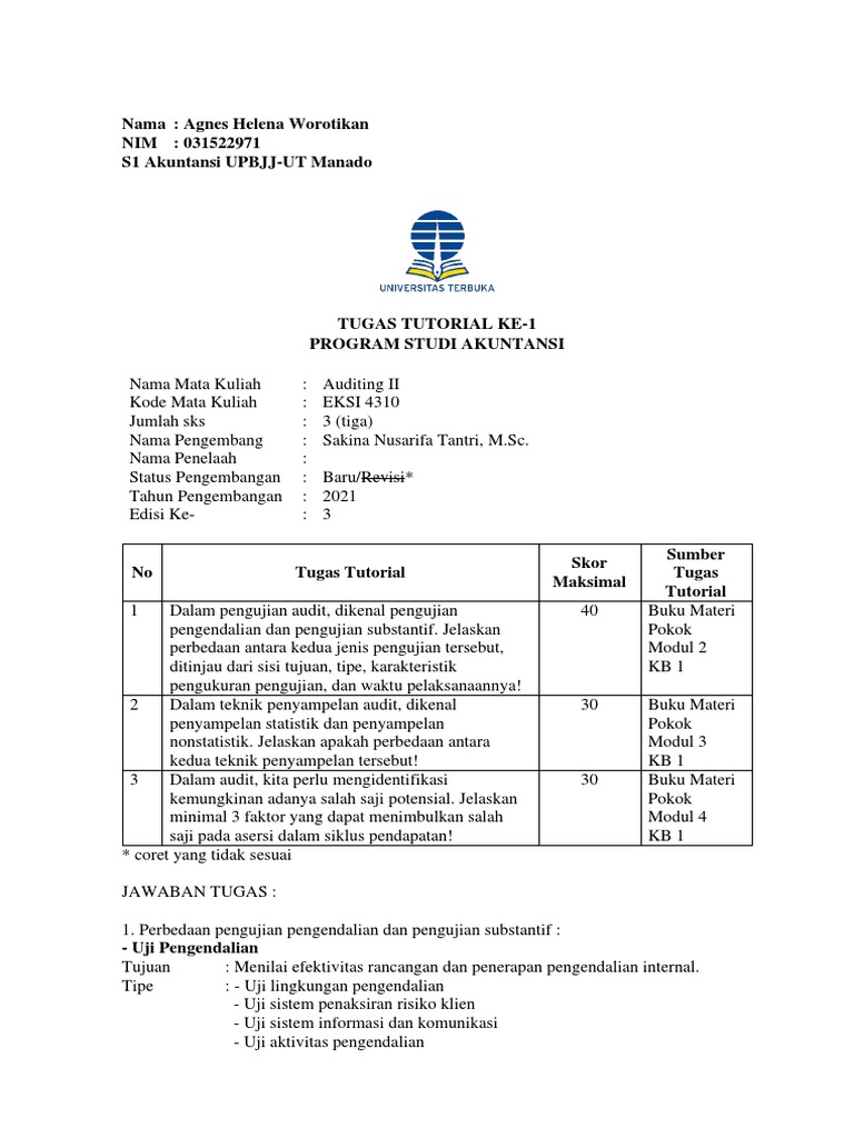 JUDUL TUGAS TUTORIAL KE-1 PROGRAM STUDI AKUNTANSI | PDF