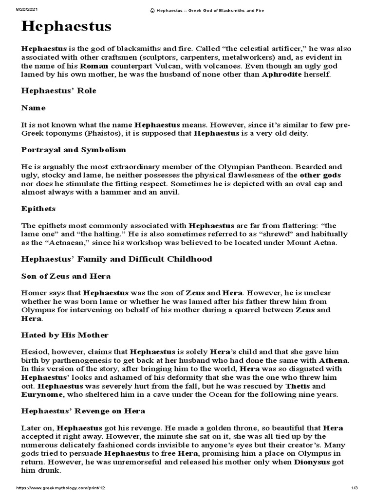 ? Hephaestus - Greek God of Blacksmiths and Fire | PDF | Hera | Athena