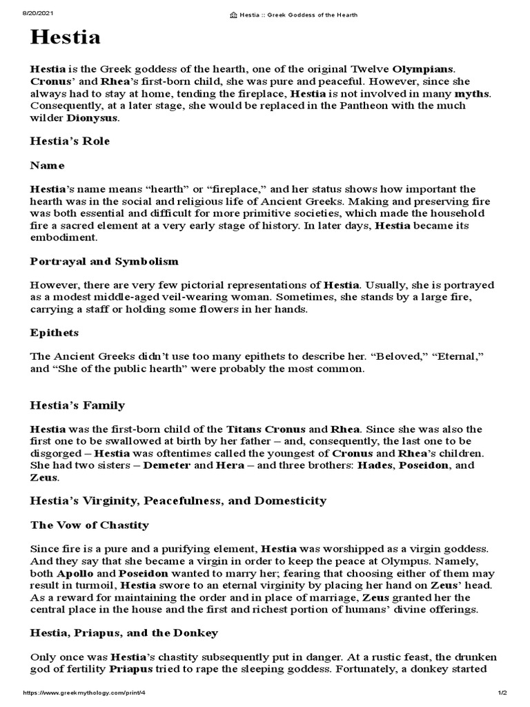? Hestia - Greek Goddess of The Hearth | PDF | Greek Mythology | Deities