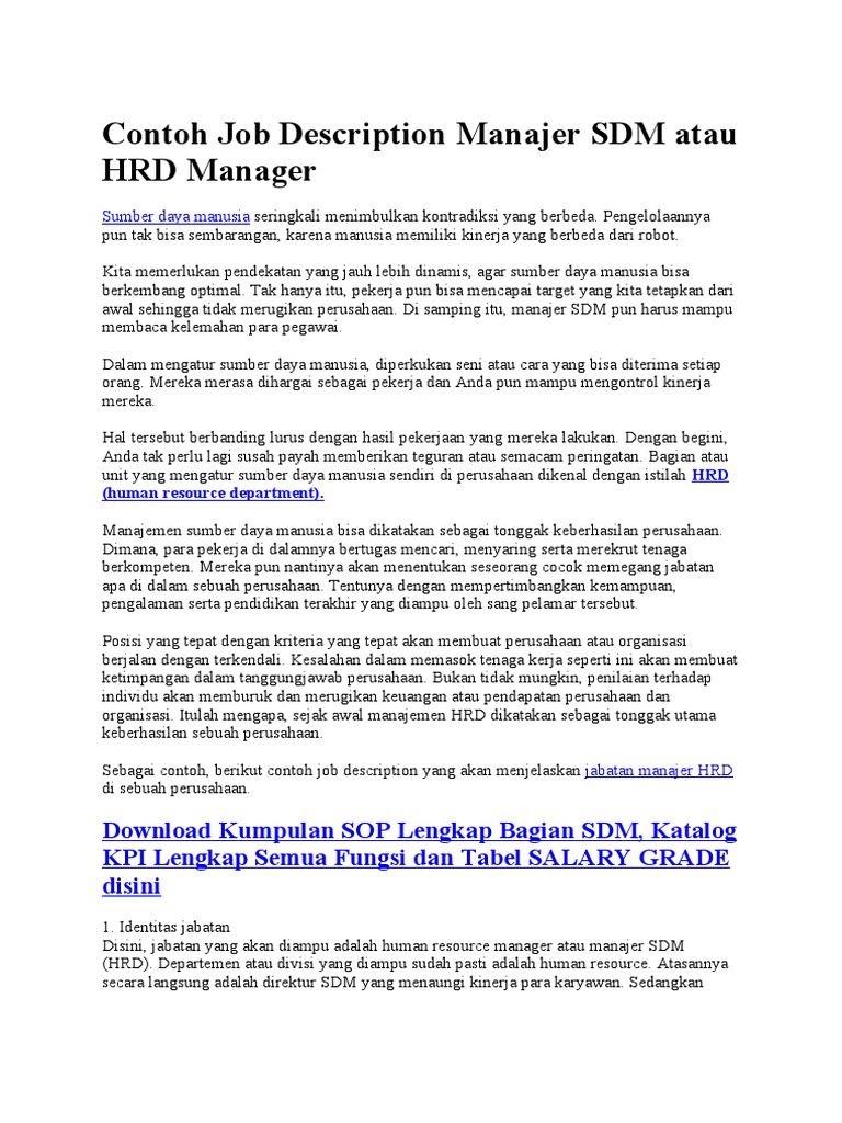 Contoh Job Description Manajer SDM Atau HRD Manager | PDF