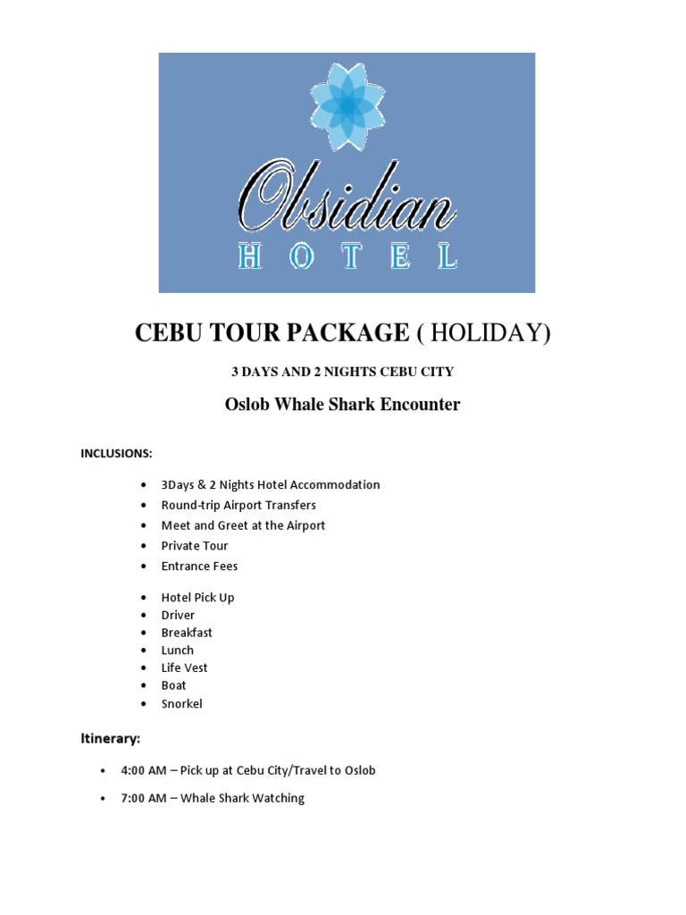 Cebu Tour Package (Holiday) : Oslob Whale Shark Encounter | PDF | Hotel