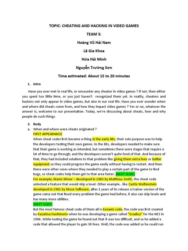 Topic Cheating And Hacking In Video Games Team 5 Hoã Ng Vå Háº I Nam Lãª