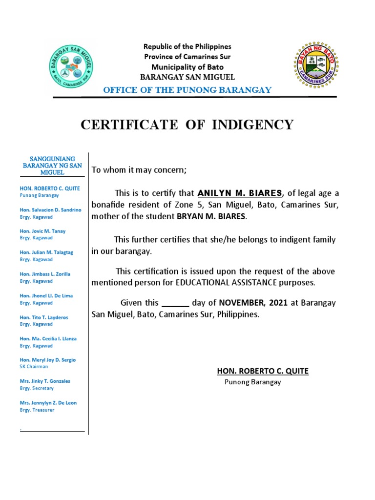 Certificate of Indigency: Office of The Punong Barangay | PDF