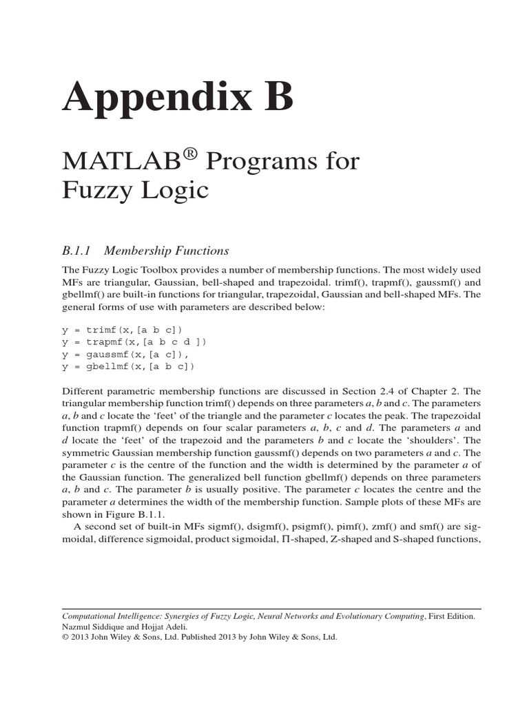 Appendix B: Matlab Programs For Fuzzy Logic | PDF | Parameter (Computer Programming) | Function ...