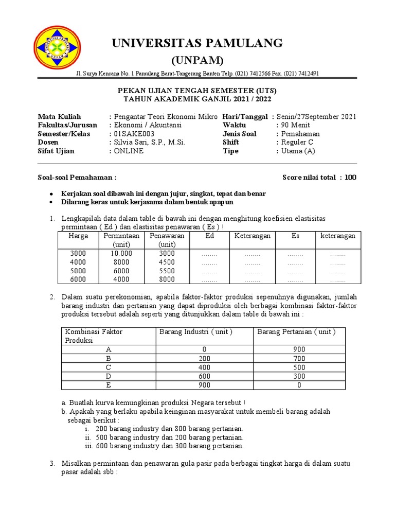 Soal UTS Mikro 01SAKE003 | PDF