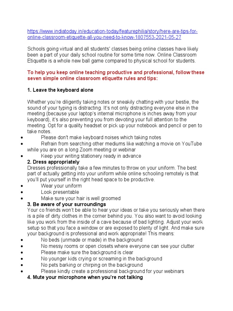 Etiquette in Online Classes | Download Free PDF | Teachers | Classroom